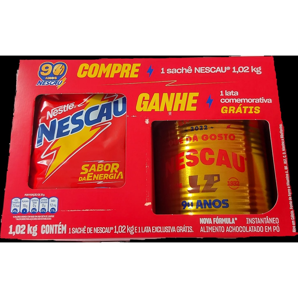 Promoção 90 anos nescau, 1 sachê de 1,02kg +1 lata comemorativa de ...