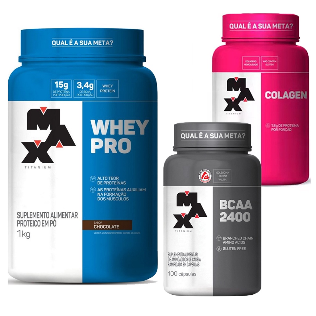 Kit Academia Feminino Whey Protein 1kg + Bcaa + Colageno - Max Titanium ...