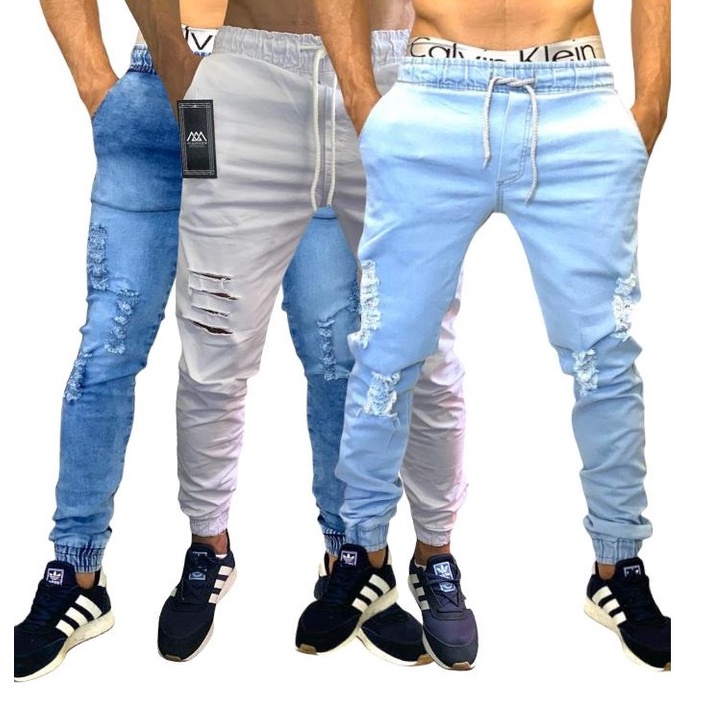 Calças Jeans Sarja Masculina Jogger C Punho Com Lycra Kit Com 3 Peças