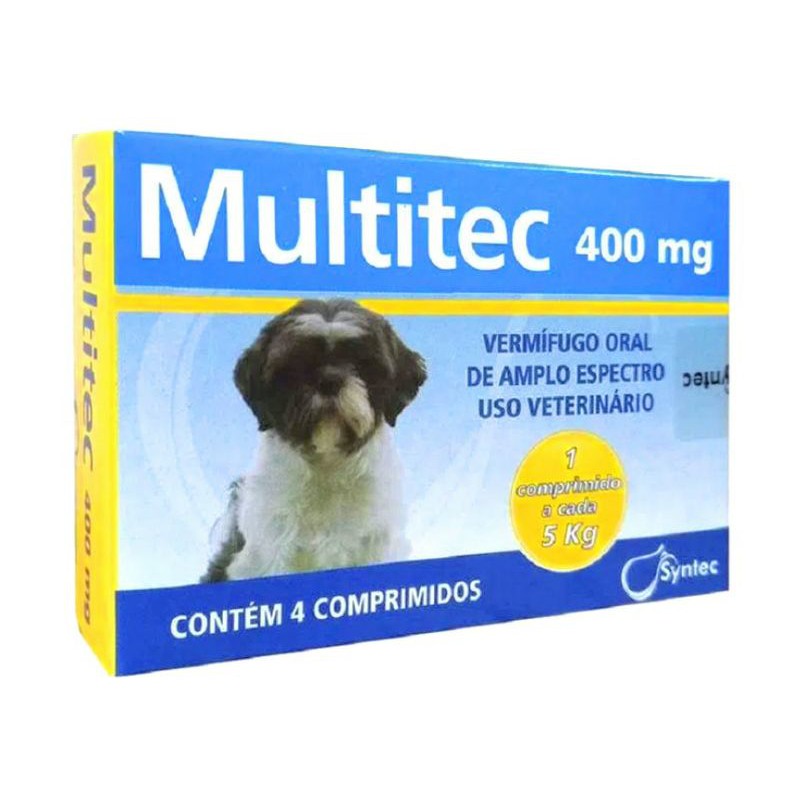 Vermífugo Multitec para cães 400mg, um comprimido para cada 5kg, caixa com 4 comprimidos ...