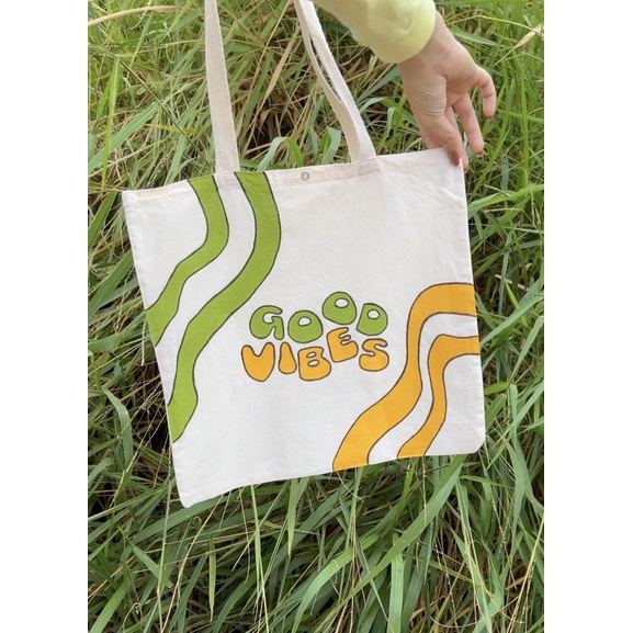Ecobag good vibes lines algodão cru personalizada ecológica pintada à mão bolsa sacola ...