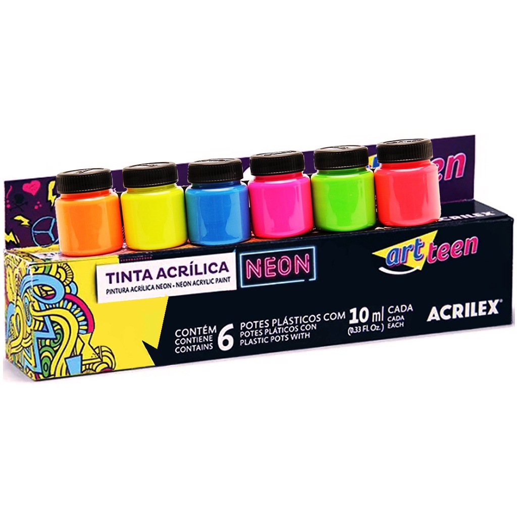 Kit De Tintas Neon Acrílica 01 Unidade Contendo 06 tintas 10ml Cada ...