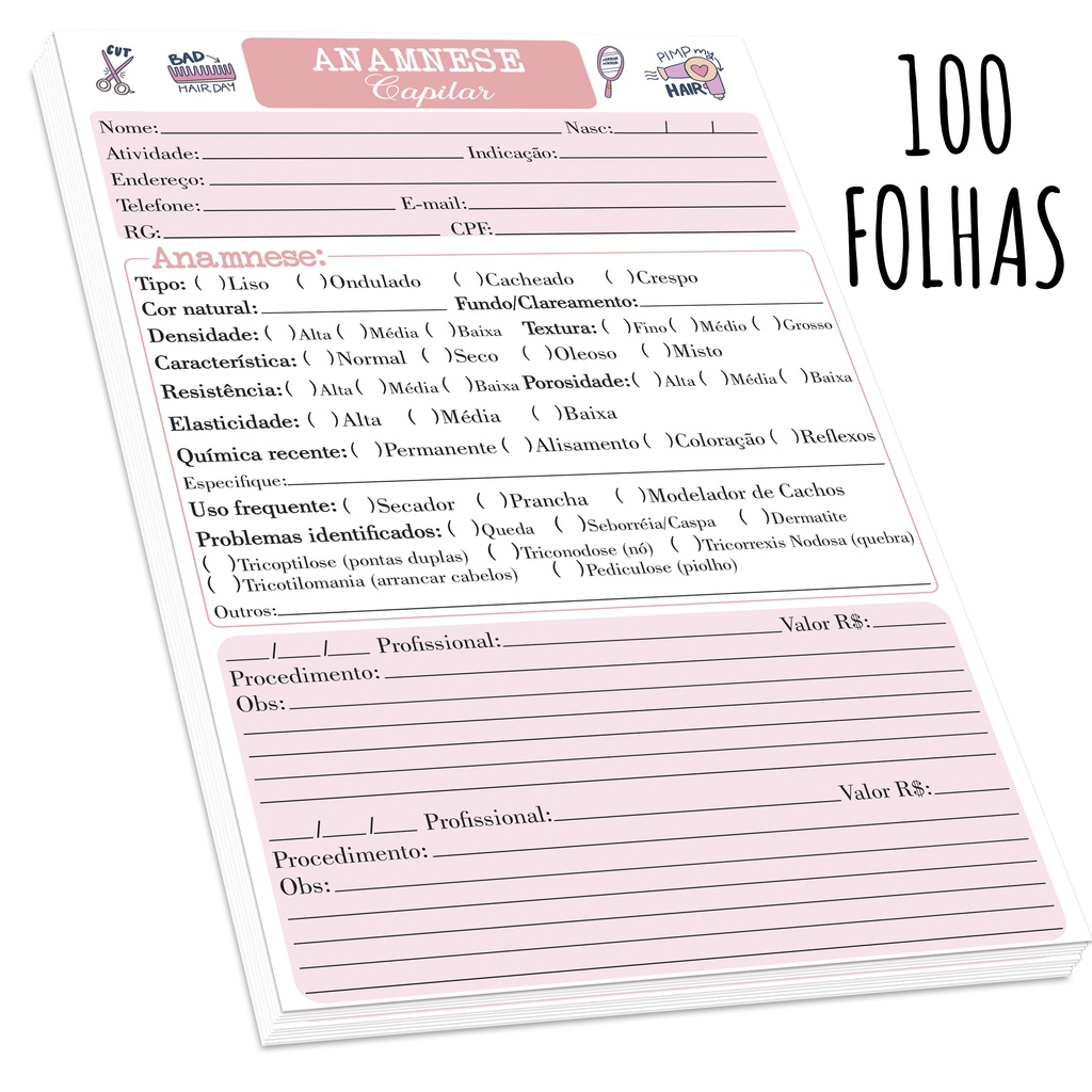 Ficha de Anamnese Capilar (100 FOLHAS) - Bloco de Anamnese Capilar ... Ficha de Anamnese Capilar (100 FOLHAS) - Bloco de Anamnese Capilar ...