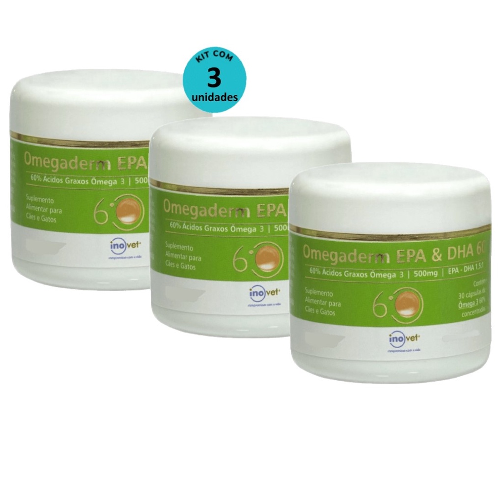 Omegaderm EPA & DHA 60 Com 30 Cápsulas 500mg Para Cães e Gatos Inovet ...