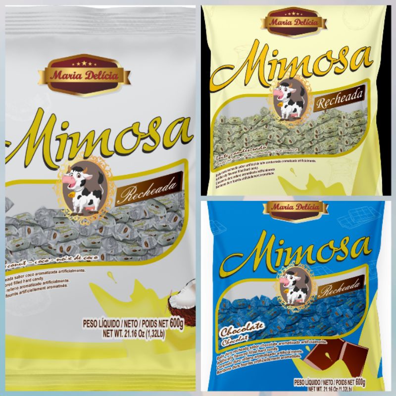 Bala recheada Mimosa Maria Delícia 600 gramas. Coco/Chocolate/Leite ...