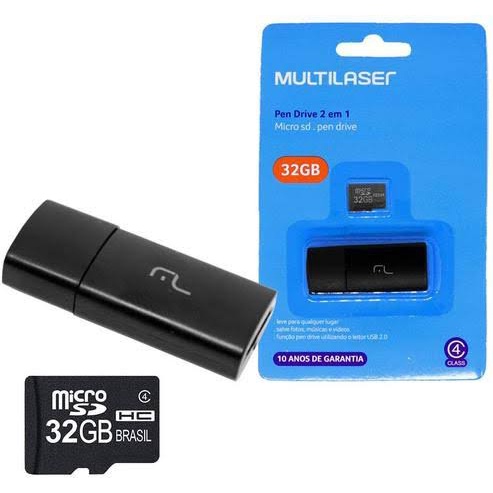 Cartão De Memória 32 Gb 2 em 1 Multilaser Com Leitor USB Adaptador Pen ...