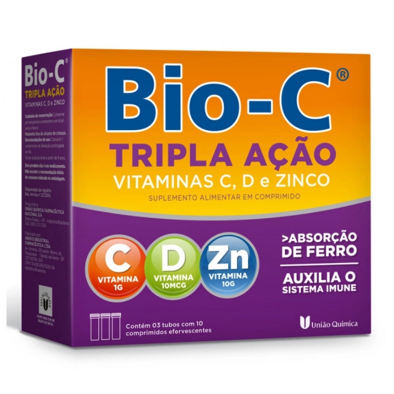 Bio C Tripla Ação 30 Comprimidos Efervescentes - Vitamina C, D e ZINCO ...