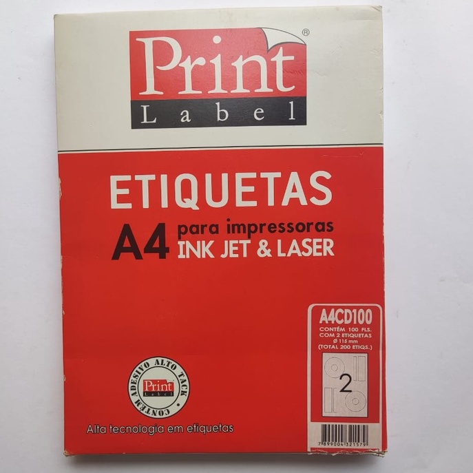 Etiqueta INK JET/LASER - A4CD100 - 115 mm - Print Label - 100 Folhas ...