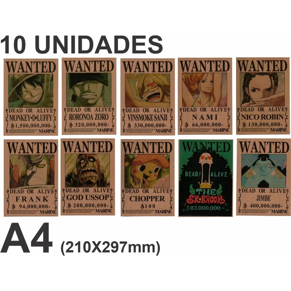 10 Unidades de Cartazes One Piece Wanted Poster Papel Kraft 120g/m² A ...