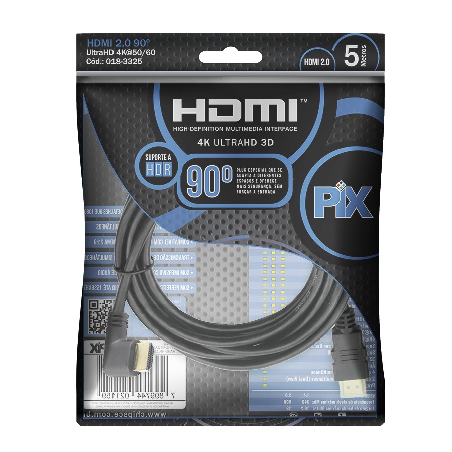 Cabo Hdmi 5 Metros V2.0 90 Graus 19 Pinos 4k Hdr - Pix 018-3325 ...