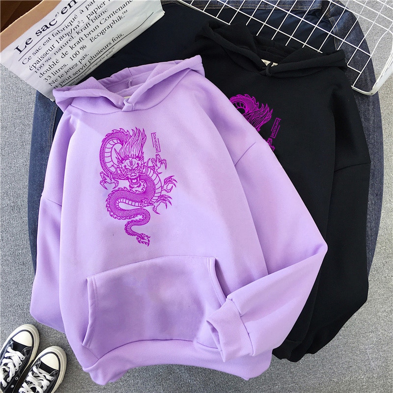 Moletom Feminino Com Capuz / Estampa De Dragão / Roxo / Harajuku / Hip ...
