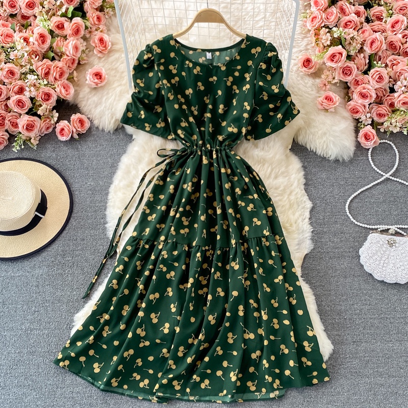 Vestido Feminino De Verão Retro De Gola Redonda Manga Bufante Floral