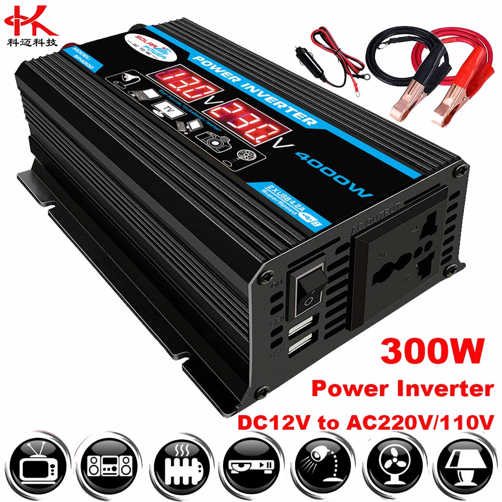 Inversor De Carro 4000W 300W 12V DC A 110V/220V AC Conversor De Energia LED Dual USB Puro Onda ...