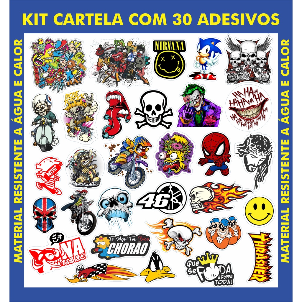 Kit Cartela de Adesivos c/ 30 Adesivos / Adesivos para Bike, Carro, Moto, Capacete e muito mais ...