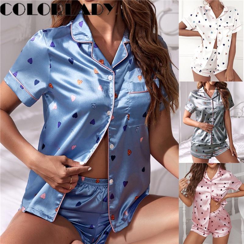 Conjunto De Pijamas Americano De Seda Fria Com Lapela E Mangas Curtas