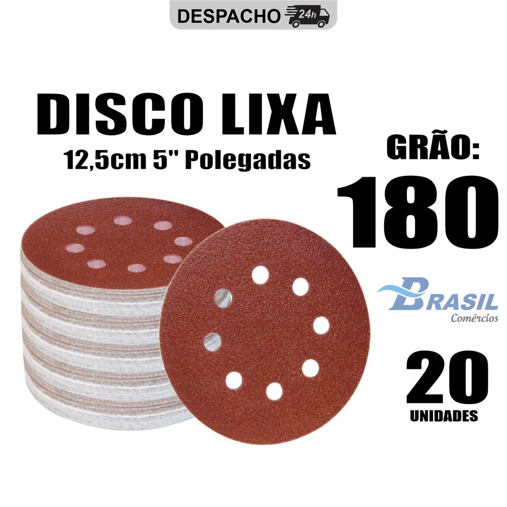 Kit 20 Disco Lixa com Velcro 125mm 8 Furos Rokit Politriz Lixadeira ...
