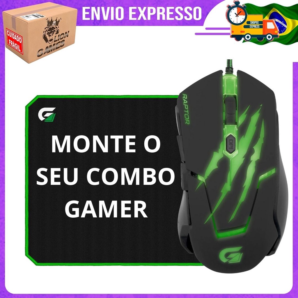Mouse Gamer USB 3200DPI RAPTOR OM-801 Preto/Verde FORTREK | Shopee Brasil