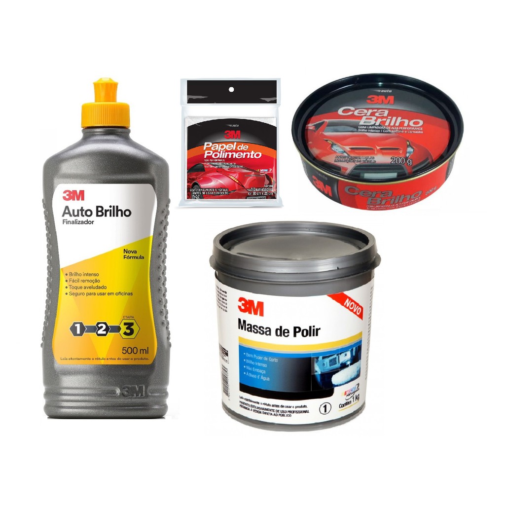 Kit Profissional Massa de Polir 1kg + Auto Brilho 500ml + Cera Brilho 200g + Papel de Polimento ...
