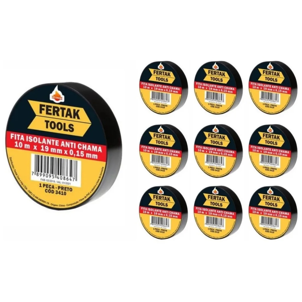 Kit 10 Unidades Fita Isolante 10 Metros x 19mm Anti Chama Profissional ...