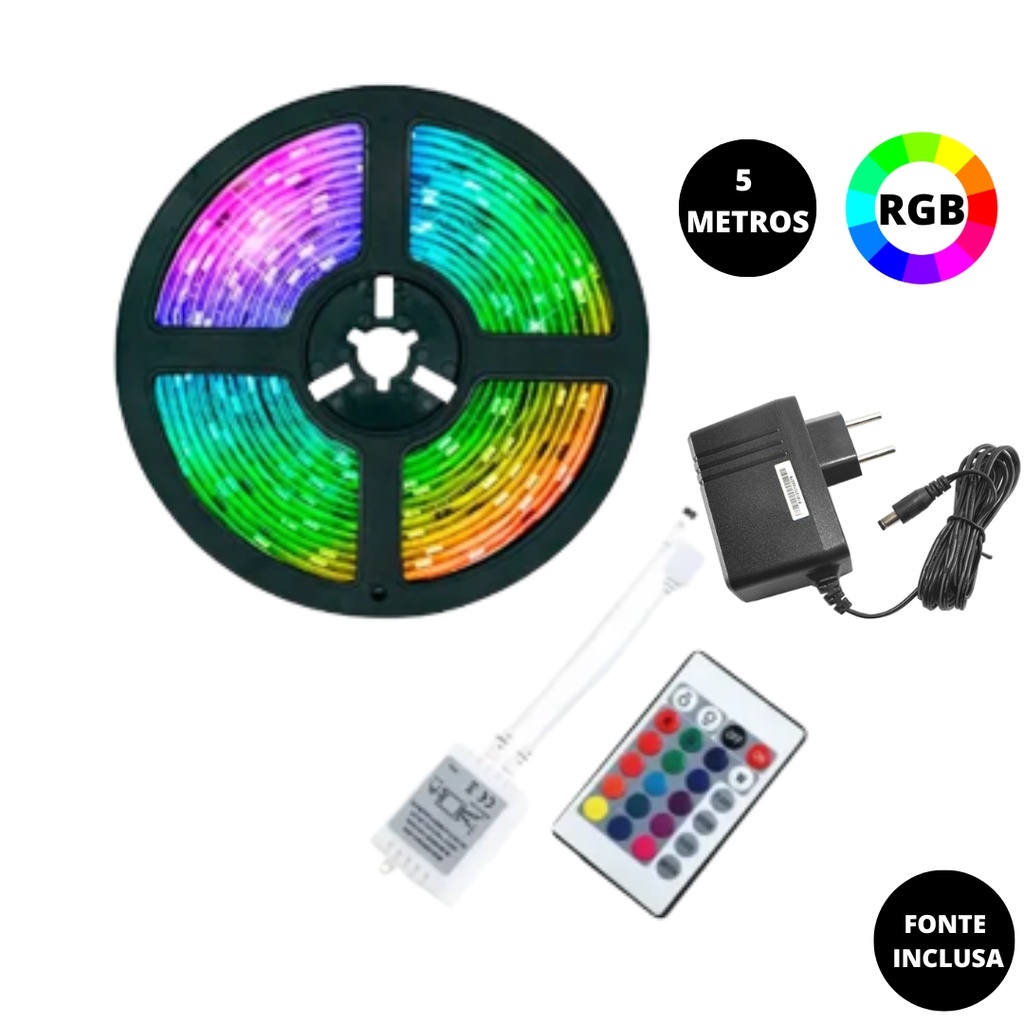 Fita de LED RGB ip65 2835 5 metros com contole remoto / fonte 12v ...