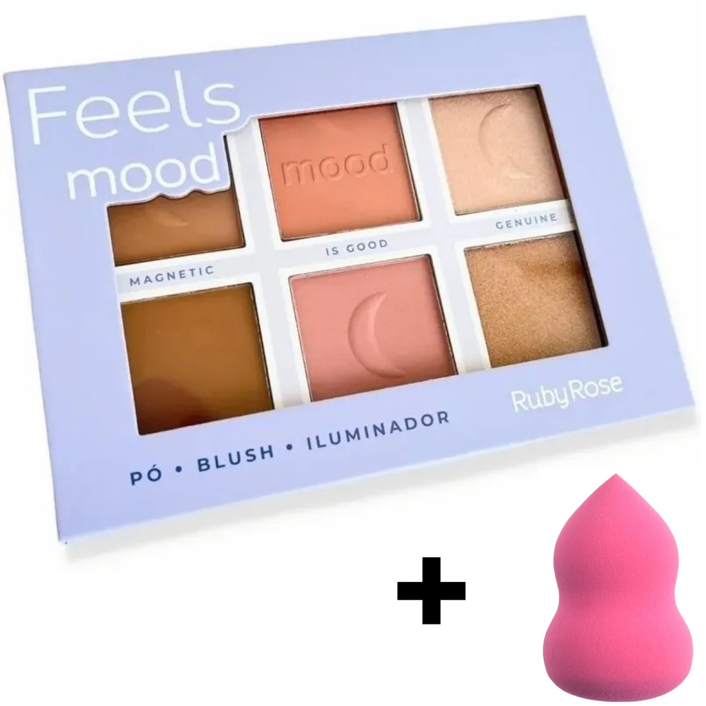 Kit Paleta De Po Blush E Iluminador Feels Mood Ruby Rose + 1 Esponja Cinturinha Maquiagem ...