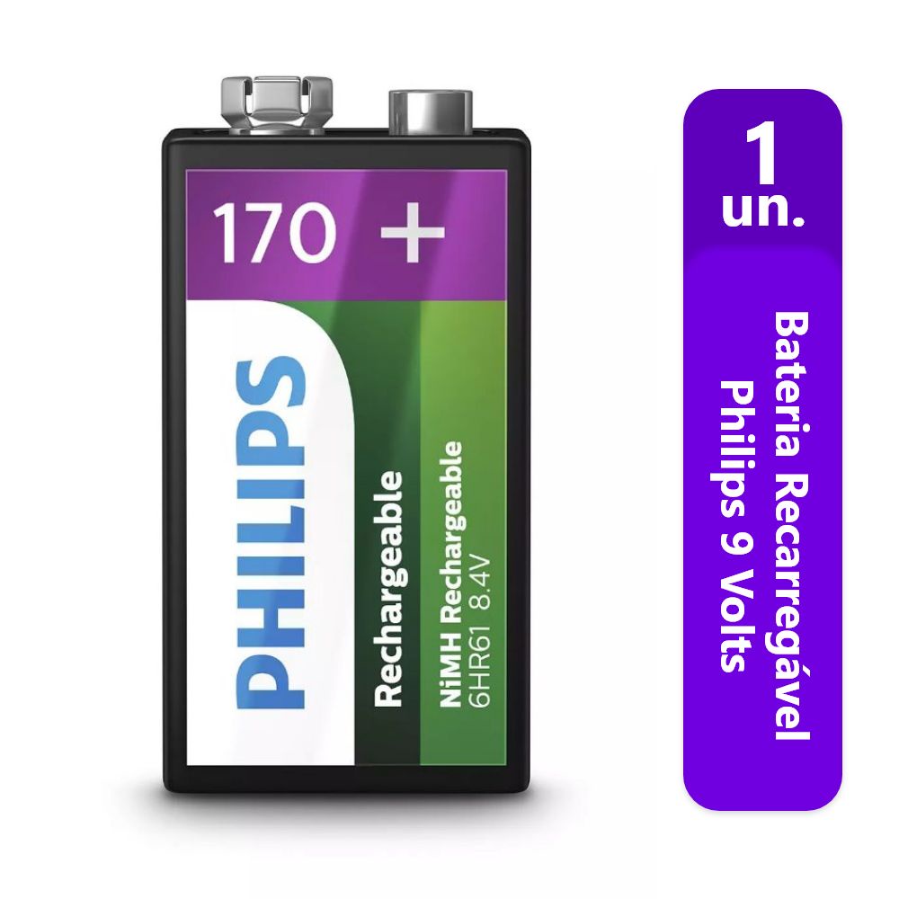 Pilha 9v Recarregavel Bateria 9 volts Philips quadrada Retangular Comum ...