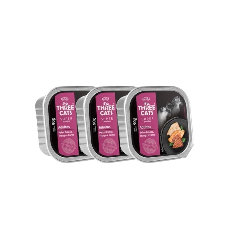 Kit 3 Pate Three Cats Ad Peixe Frango Carne - 90g | Shopee Brasil