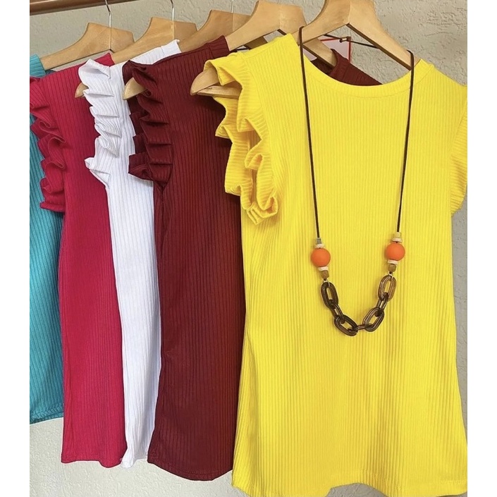 Kit 04 Blusinhas canelado manga plissada | Shopee Brasil