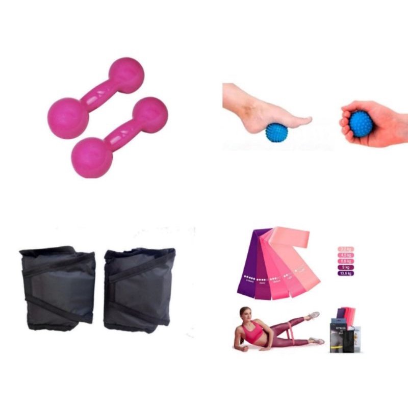 Combo Fisioterapia Completa Par Halter Pesos Rosa 1 Kg + Par Caneleira 0,50 (Meio Quilo) + Kit ...