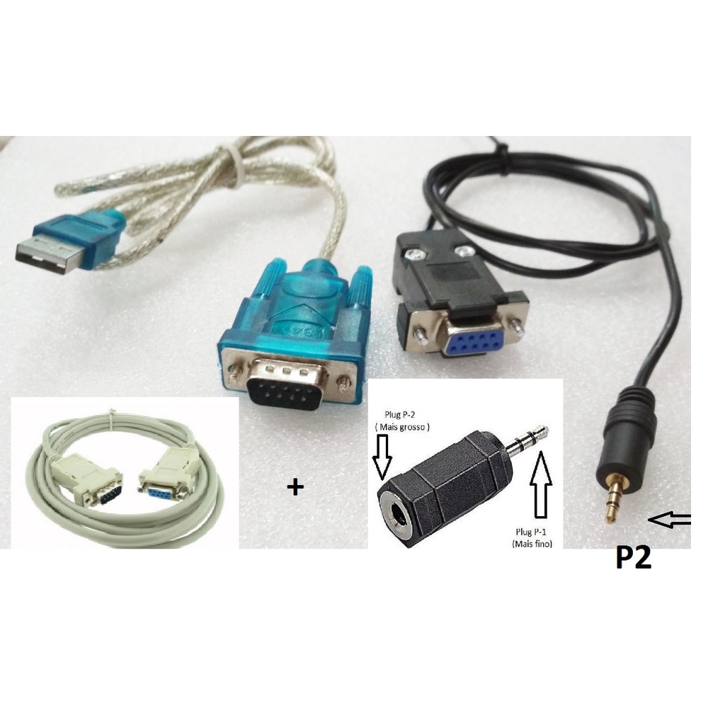Kit Cabo Rs232 Serial Db9 + adaptador p2 para p1 + cabo extensao db9 ...