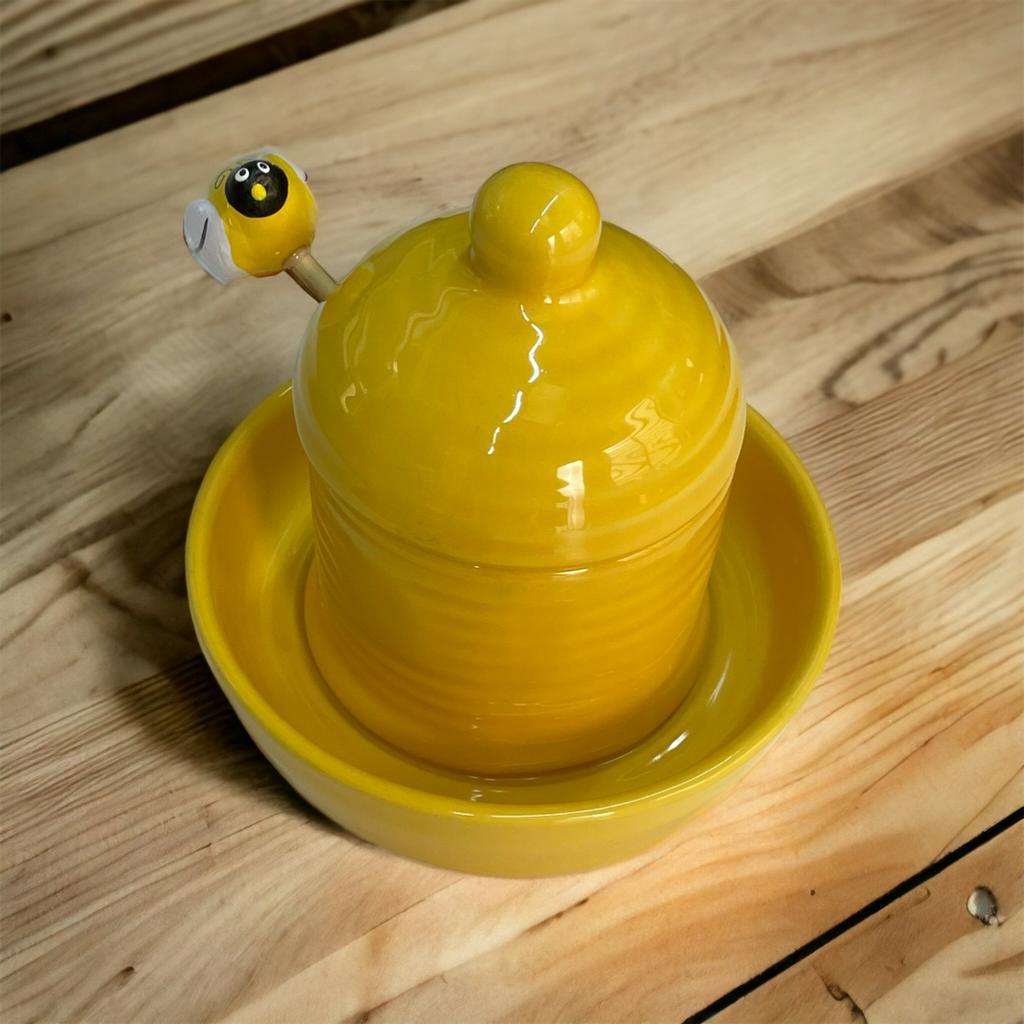 Pote De Mel Meleira Amarela Porcelana Com Pegador Abelha Em Madeira ...