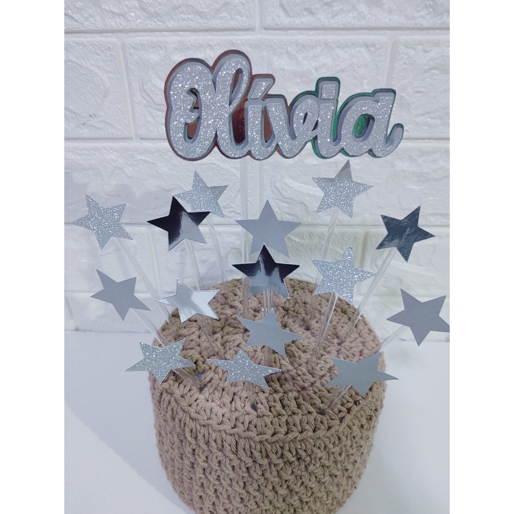 Kit Topper Topo de Bolo Estrelas Brilhantes Personalizado | Shopee Brasil