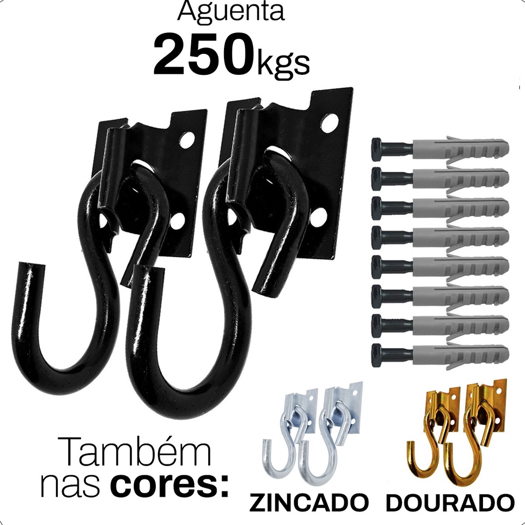 Gancho de Rede Reforçado 3/8 Até 250Kg Suporta Casal Acompanha Parafuso ...