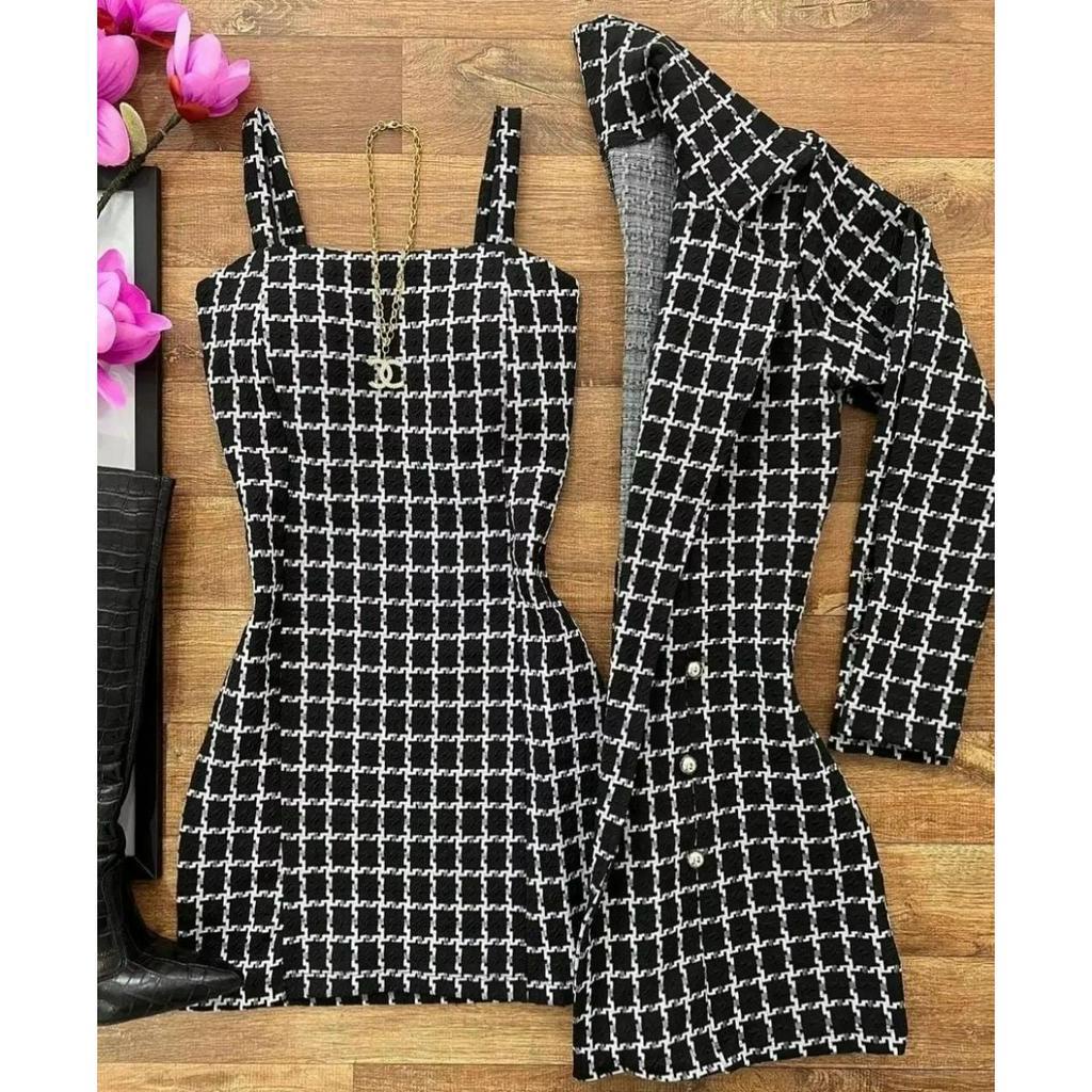 Conjunto Feminino Luxuoso Max Blazer E Vestido Xadrez | Shopee Brasil
