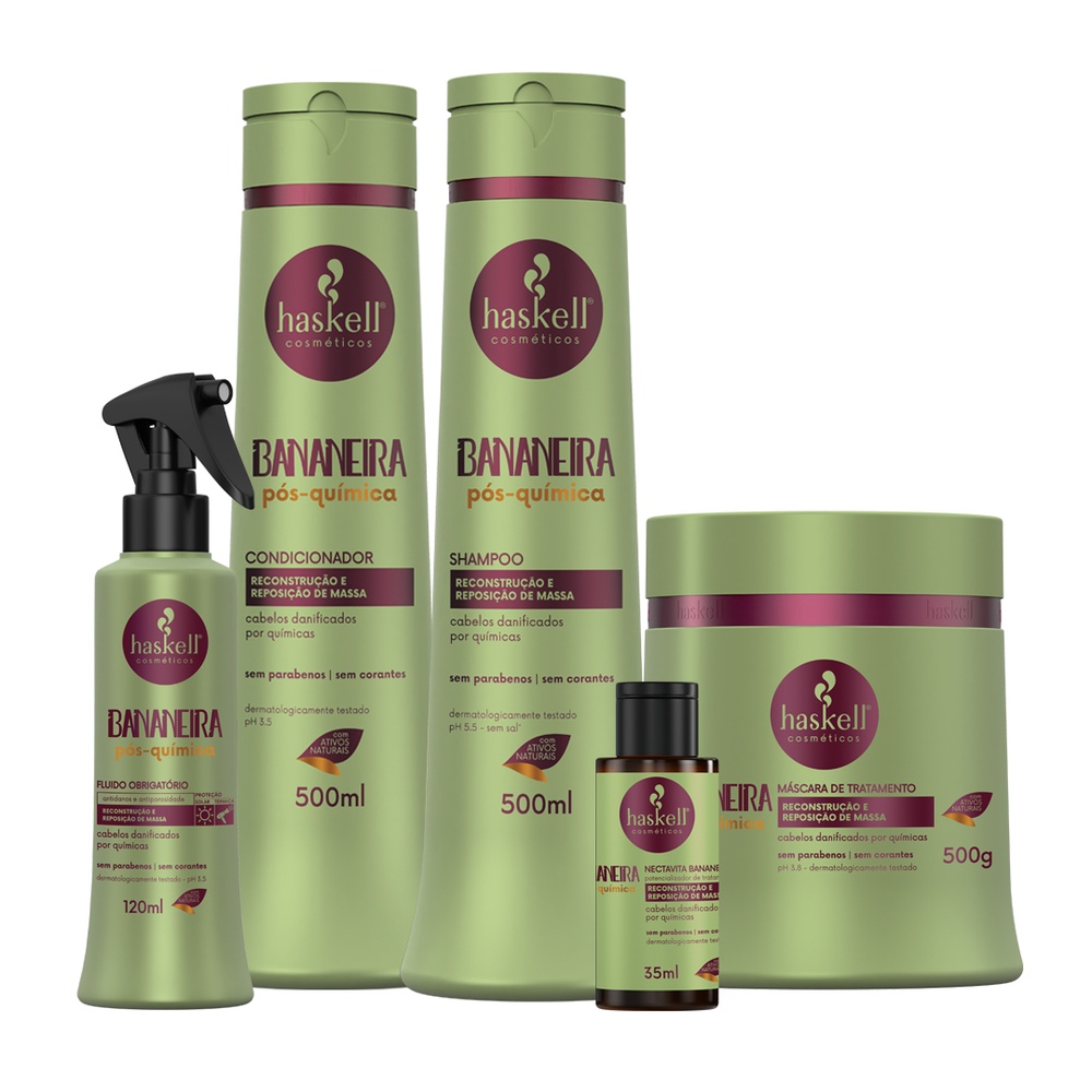 Kit Haskell Bananeira Shampoo Cond Masc Fluido e Necta 500ml | Shopee Brasil