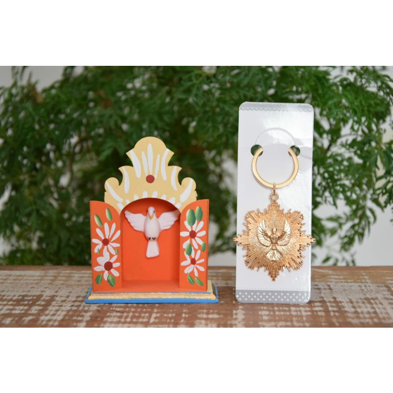 kit Oratório em Madeira 11 cm + Lindo Chaveiro em Metal Divino Espírito ...
