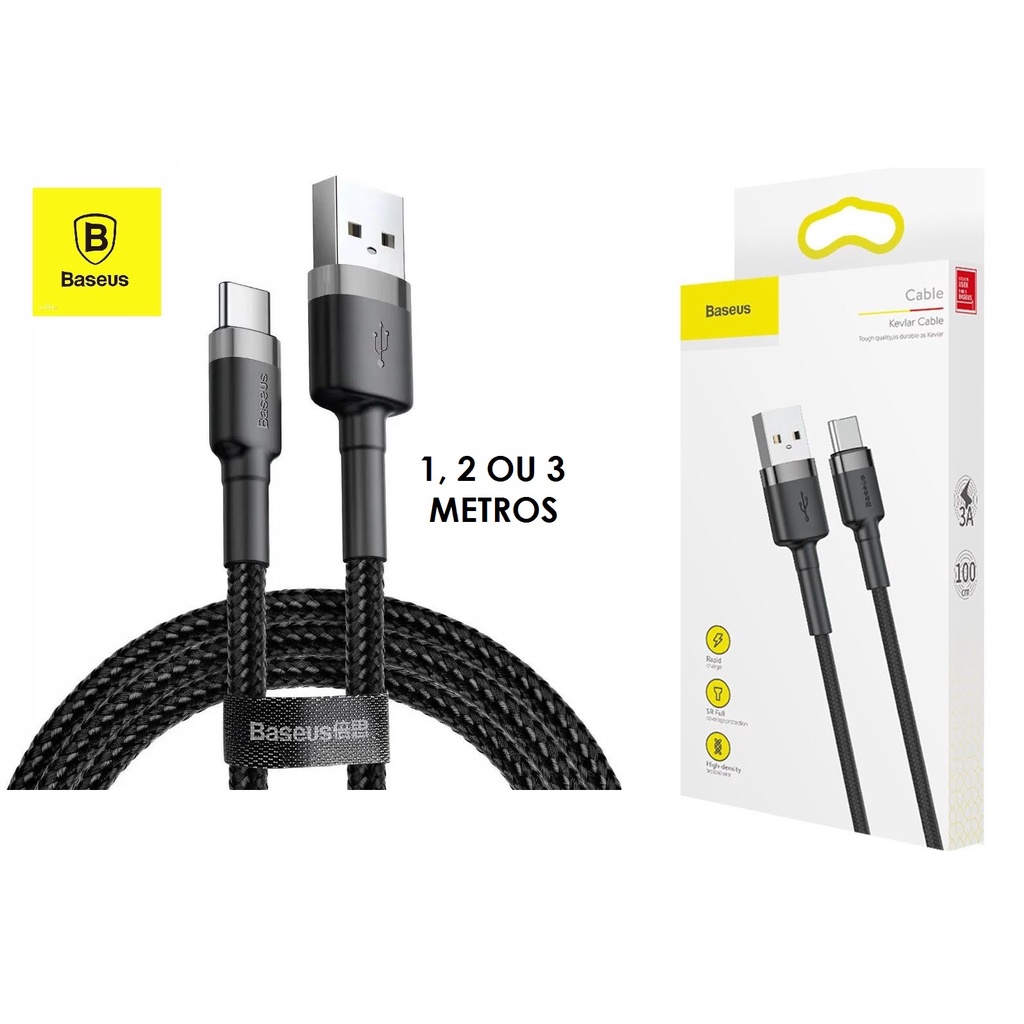 Cabo Nylon Reforçado Usb-c Type-c Baseus 1m / 2m ou 3m Turbo Rapido 3a ...
