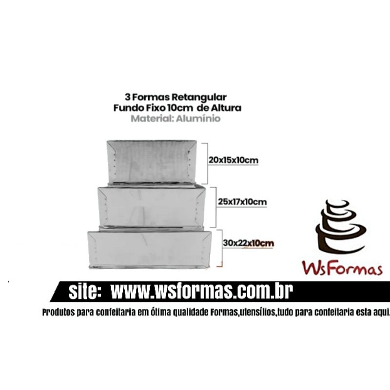 kit de formas retangular alta 3 peças 10 cm de altura 20x15 25x17 30x22 ...