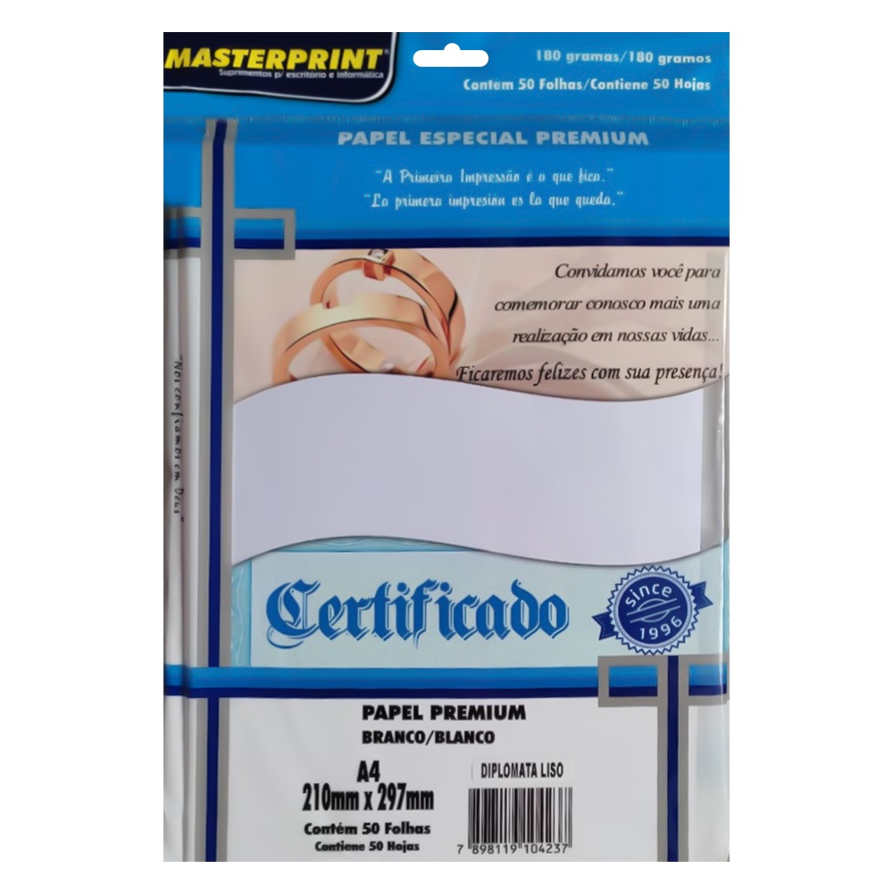 Papel Especial Diplomata Branco Liso 180g A4 Pacote com 50 Folhas Masterprint | Shopee Brasil