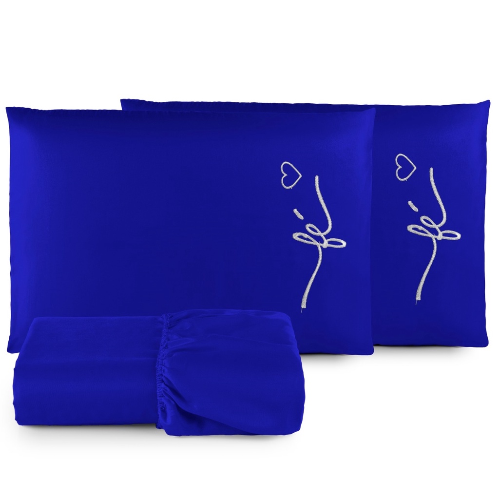Forro De Cama Queen Com Elástico + 2 Fronha Bordada Fê Cor Azul Royal ...