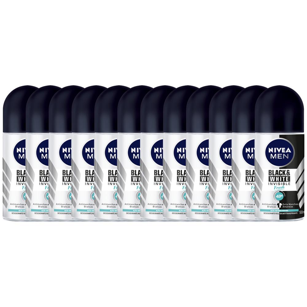 Desodorante Antitranspirante Roll On Nivea Men Black & White Invisible 50ml - 12 Unidades ...