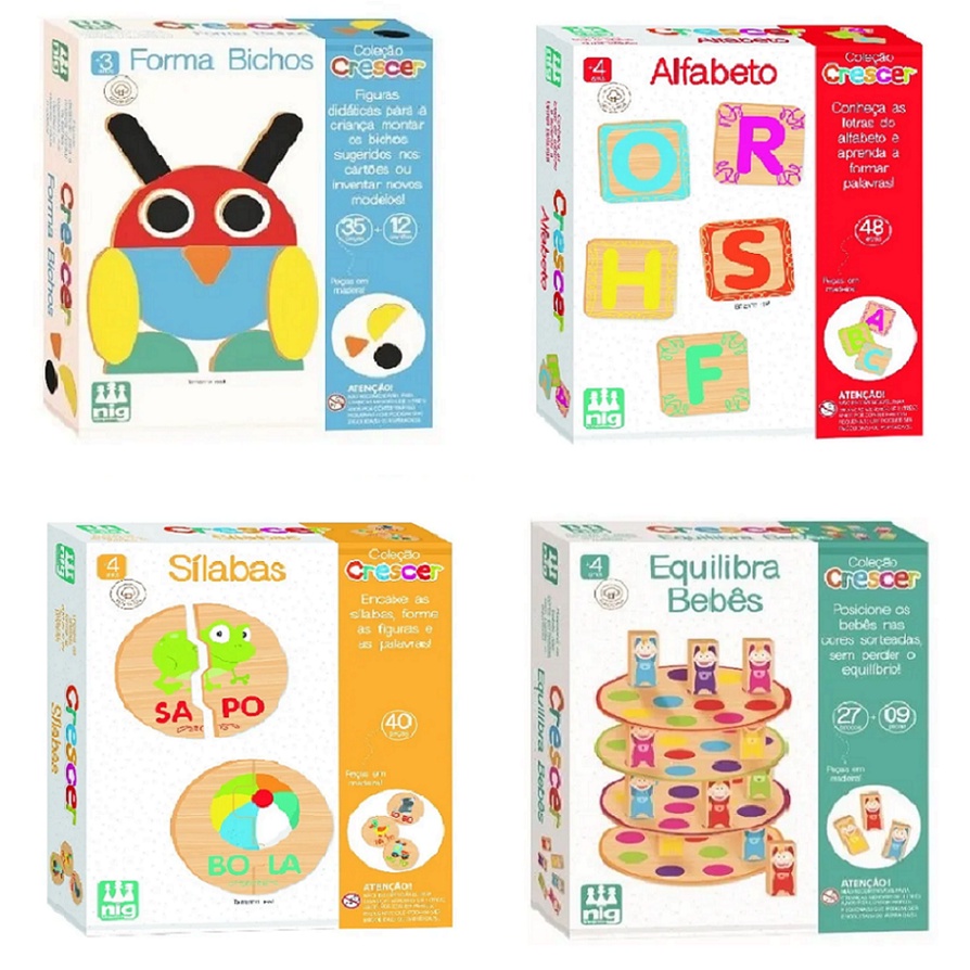 Kit 4 Jogos Educativos Pedagogicos Em madeira Colecao Crescer - Alfabeto - Silabas - Forma ...