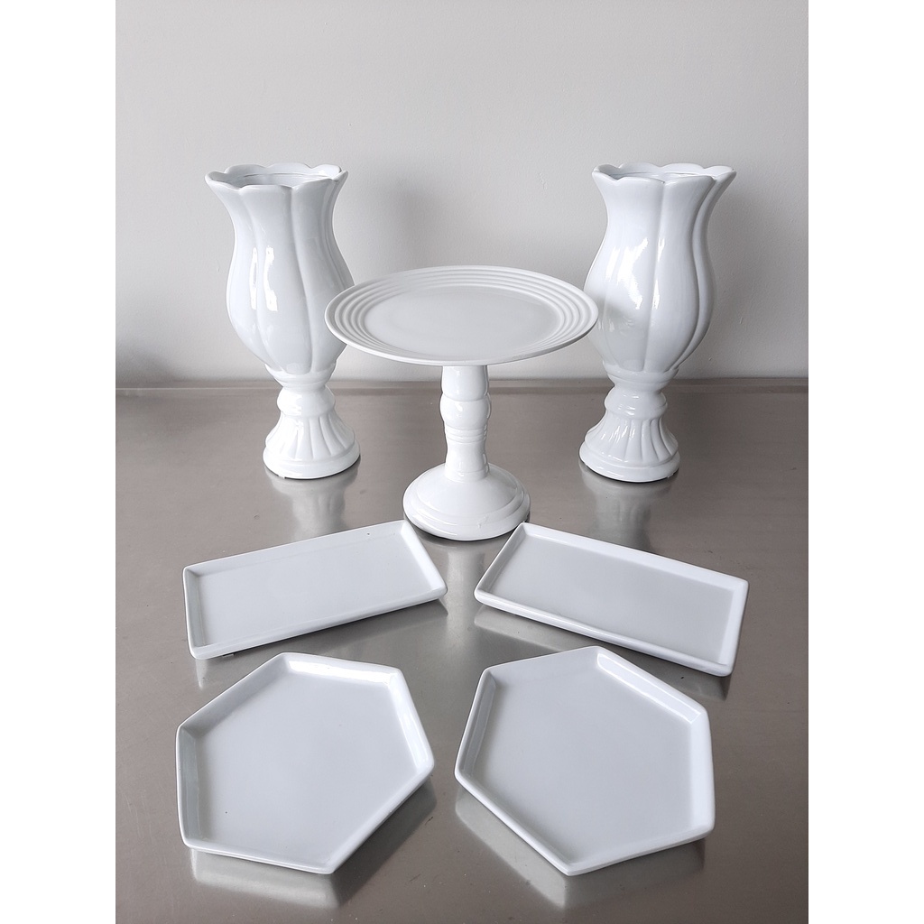 Kit Festa 1 Boleira + 2 Vasos + 4 Bandejas Cerâmica 30 Cores | Shopee ...