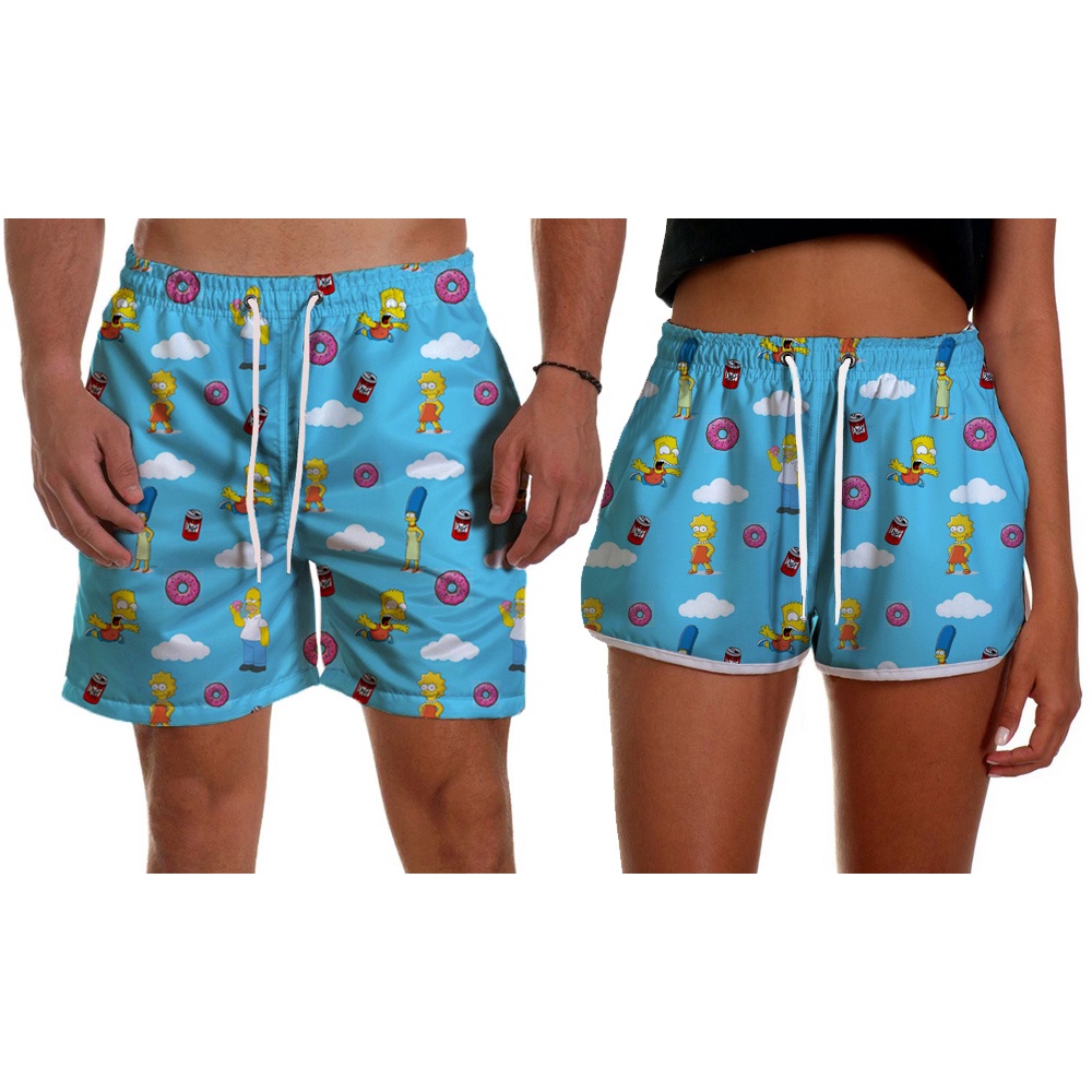 Kit Casal Mozão Short Simpson Nuvens Tactel Praia Estampado Elastano ...