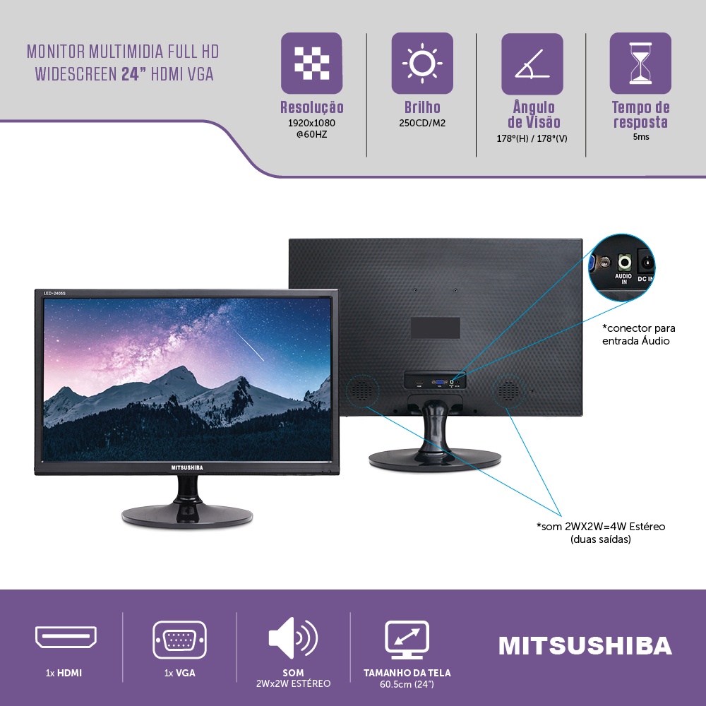 Monitor LED 24" Multimidia Wide Full HD HDMI VGA Mitsushiba | Shopee Brasil