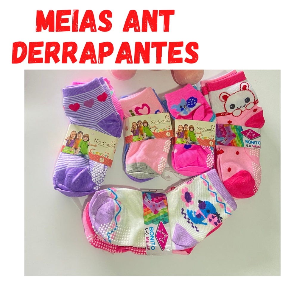 Kit 12 Pares Meia Infantil Menina Antiderrapante Estampada Colorida ...