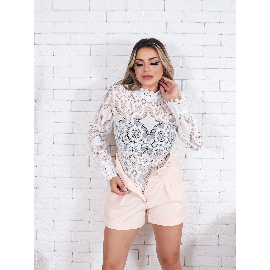 Body Feminino Manga longa Renda e tule Luxo(AH1025) | Shopee Brasil