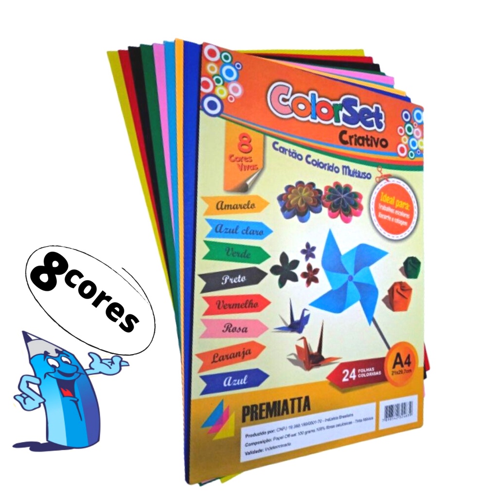 PAPEL CRIATIVO COLOR SET A4 100g 8 CORES 24 FOLHAS PREMIATTA PAPELARIA ...