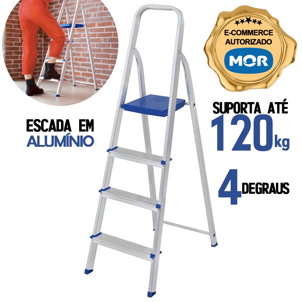 Escada 4 Degraus Alumínio Doméstica Dobrável Forte Reforçada Mor ...