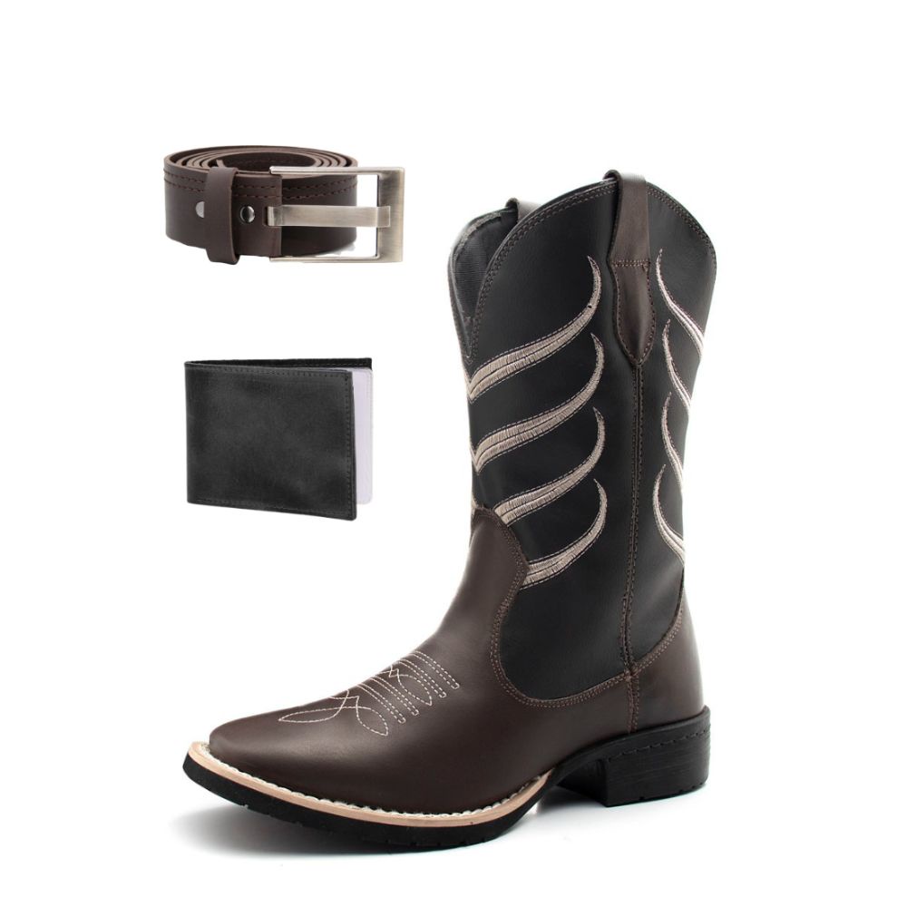Combo Bota Masculina Country Western Bico Quadrado em Couro Legitimo ...